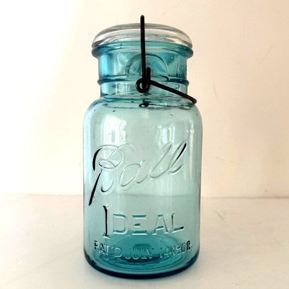 Ball | Kitchen | Vintage Ball Ideal Aqua Blue Mason Jar Glass Lid Wire ...